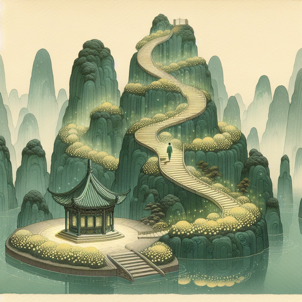 A lone figure walks up a long, winding staircase carved into a jade ...
